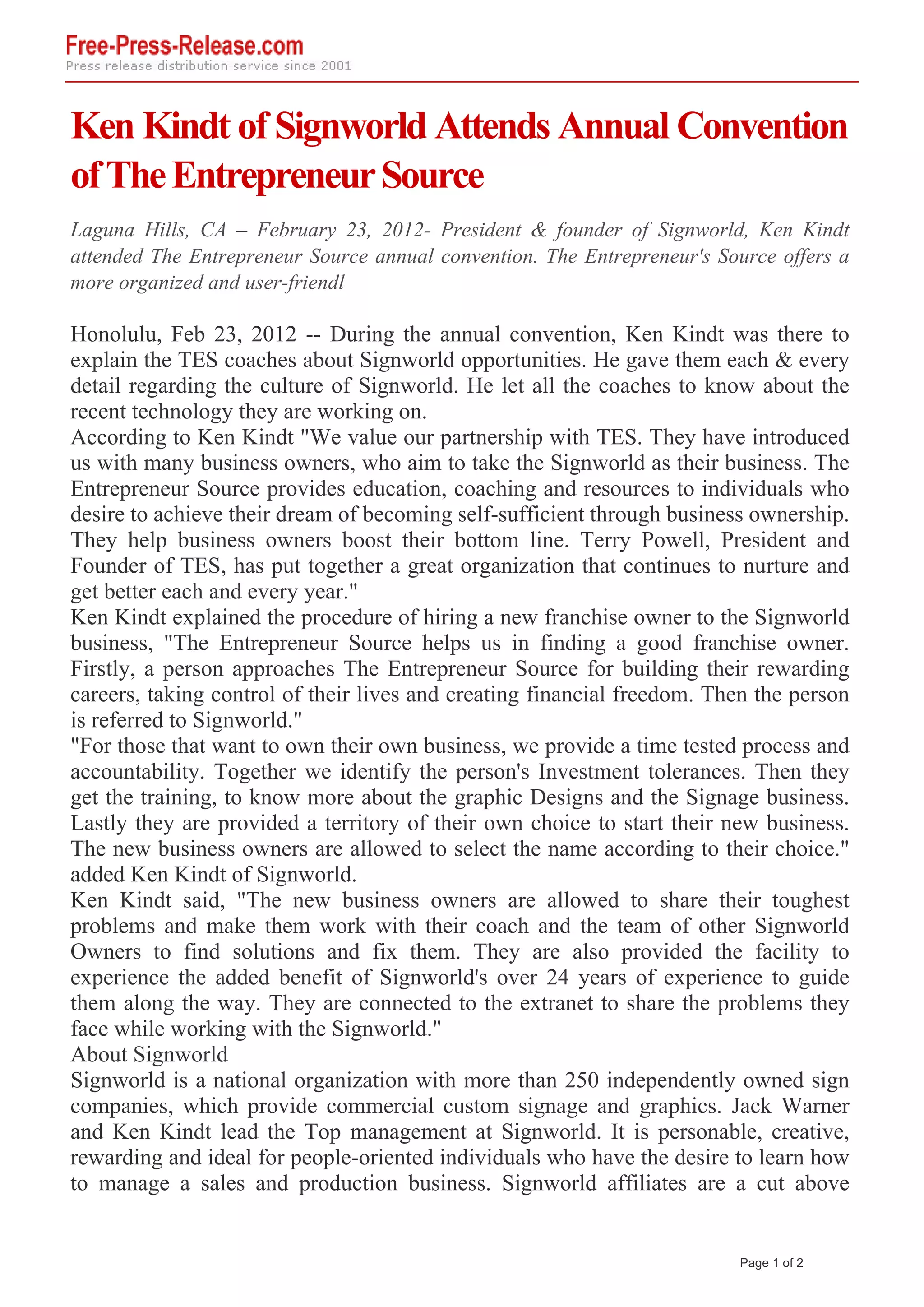 Ken Kindt of Signworld Attends Annual Convention of The Entrepreneur ...