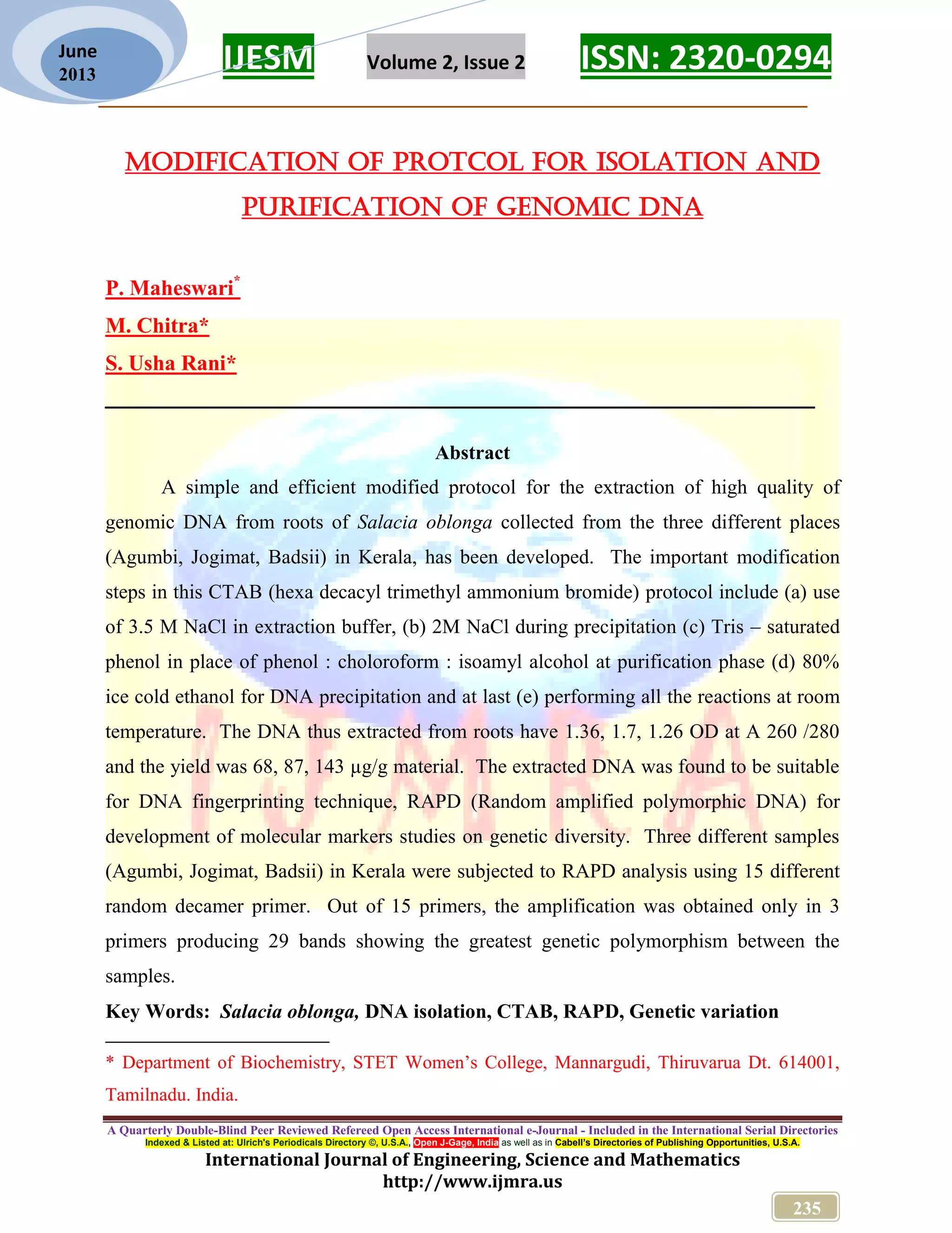 MODIFICATION OF PROTCOL FOR ISOLATION AND PURIFICATION OF GENOMIC DNA | PDF
