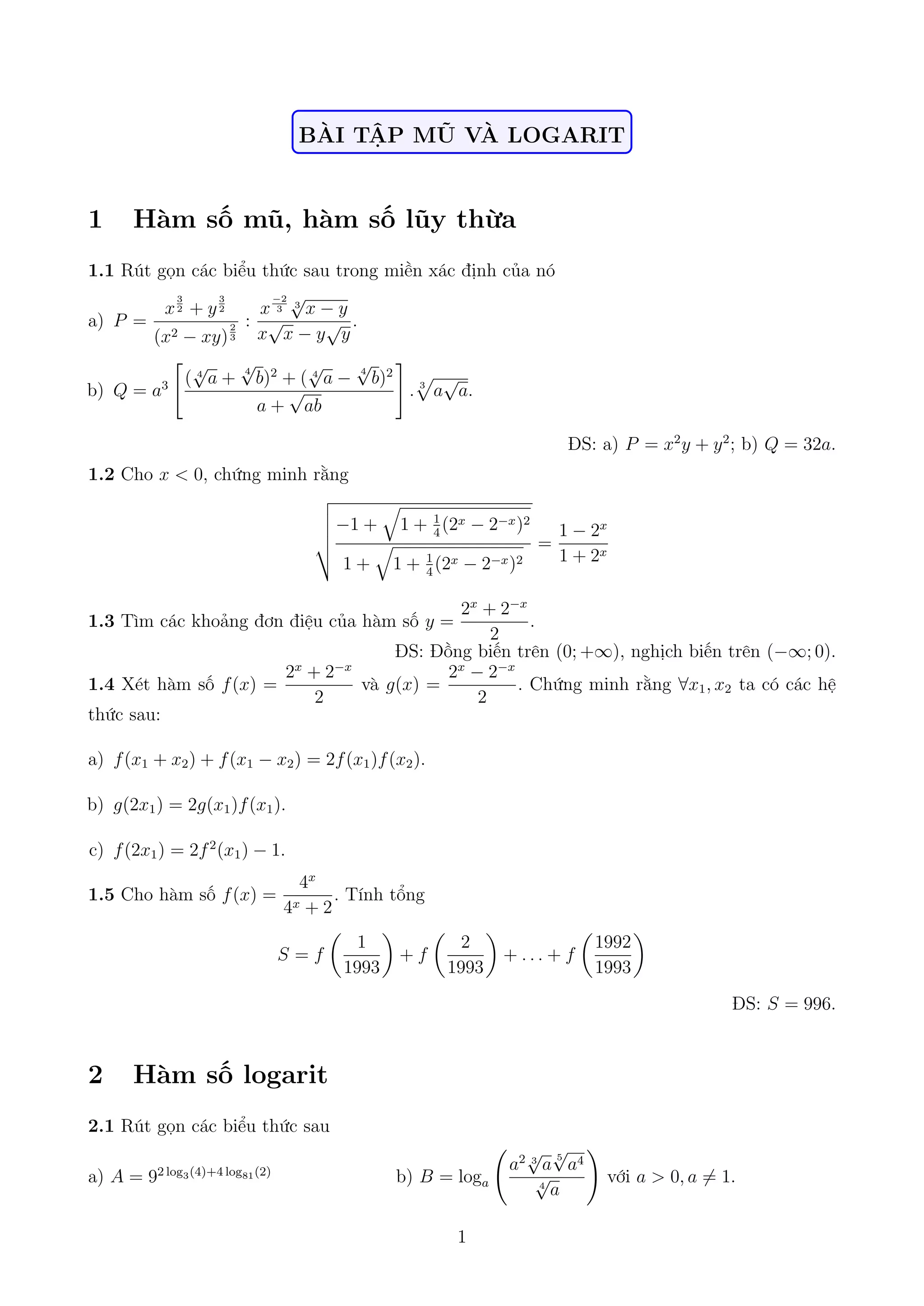 Chuyên đề bai tap mu va logarit | PDF