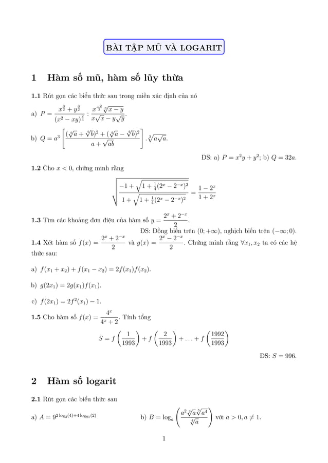 Chuyên đề bai tap mu va logarit | PDF