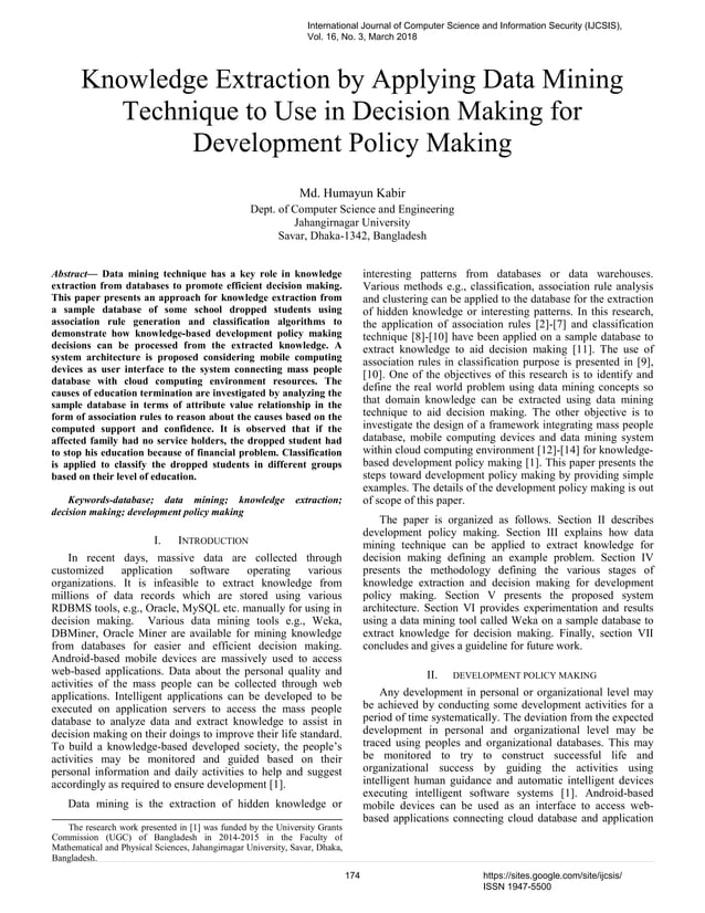 Knowledge Extraction by Applying Data Mining Technique to Use in Decision Making for Development ...