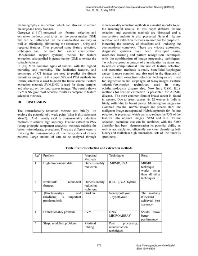 Survey of Feature Selection / Extraction Methods used in Biomedical Imaging | PDF