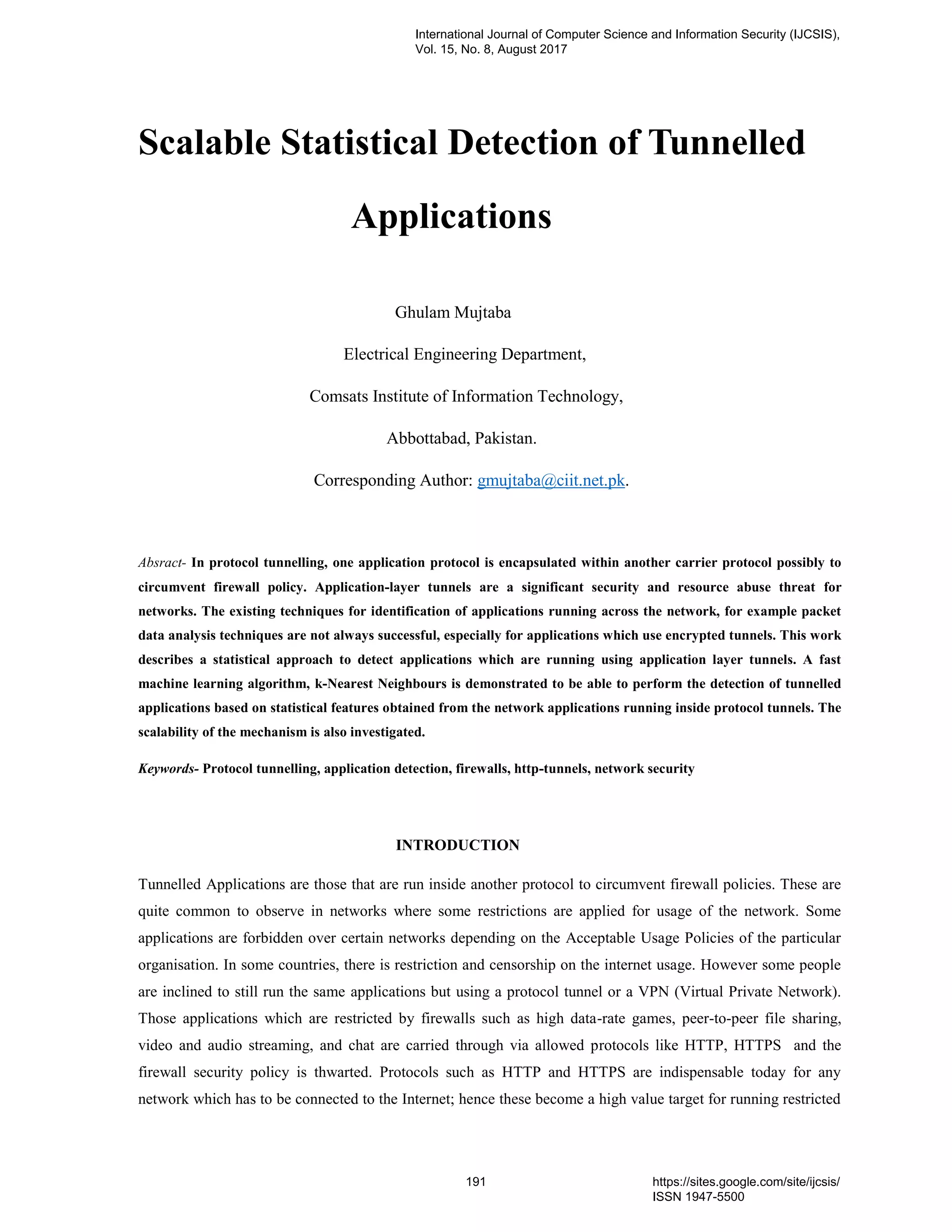 Scalable Statistical Detection of Tunnelled Applications | PDF