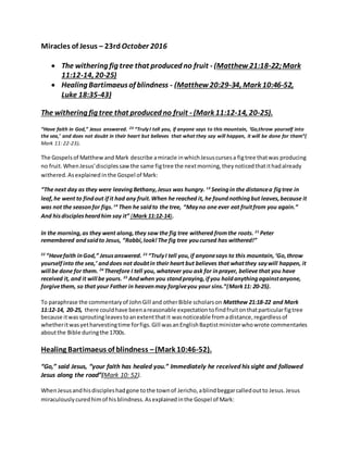 23rd October 2016 - Miracles of Jesus:The withering fig tree :• Healing ...
