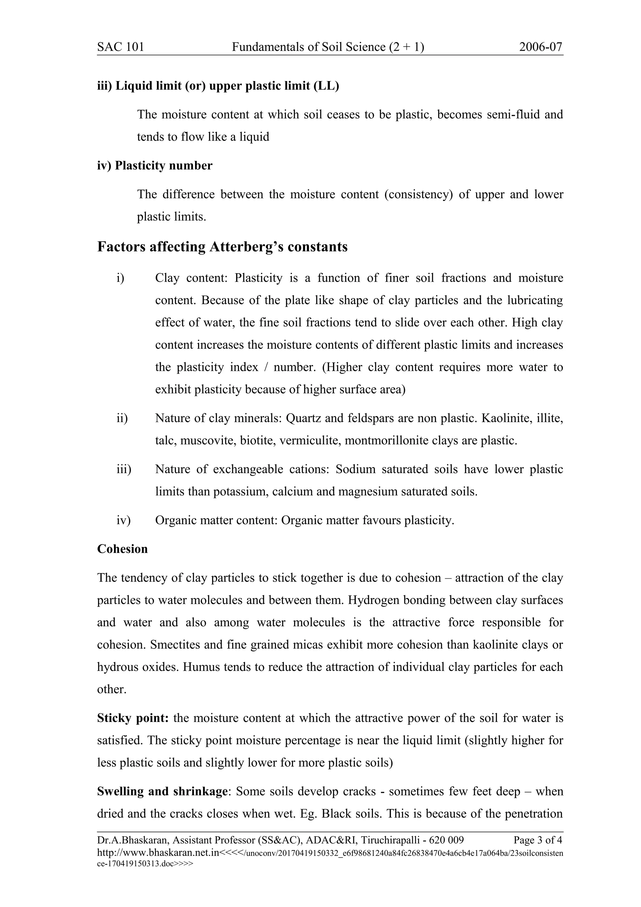 Soil consistence - Cohesion - Adhesion - Plasticity - Atterberg’s ...