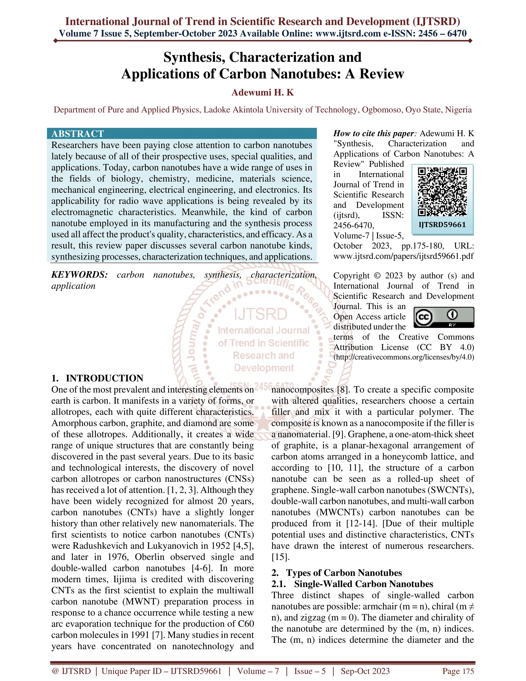 Synthesis Characterization And Applications Of Carbon Nanotubes A Review Pdf