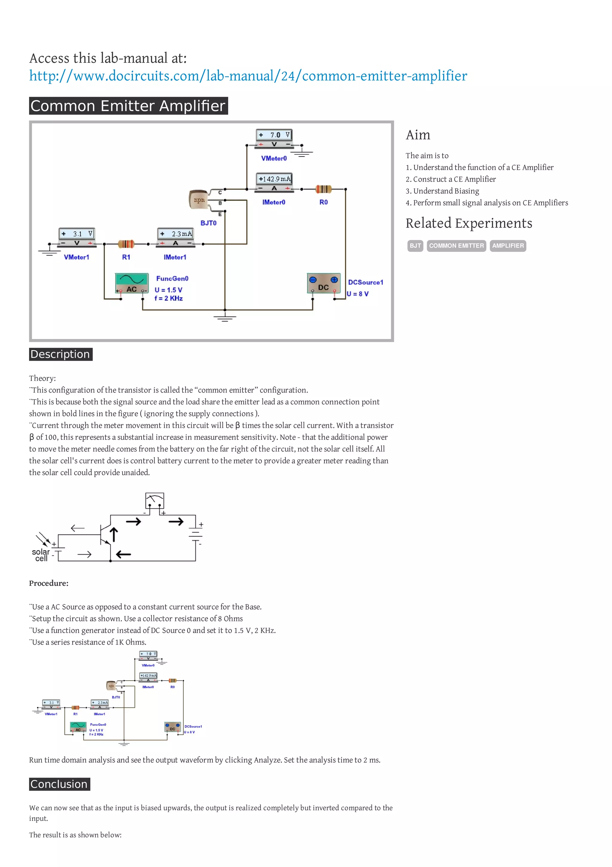 Common Emitter Amplifier : BJT | PDF