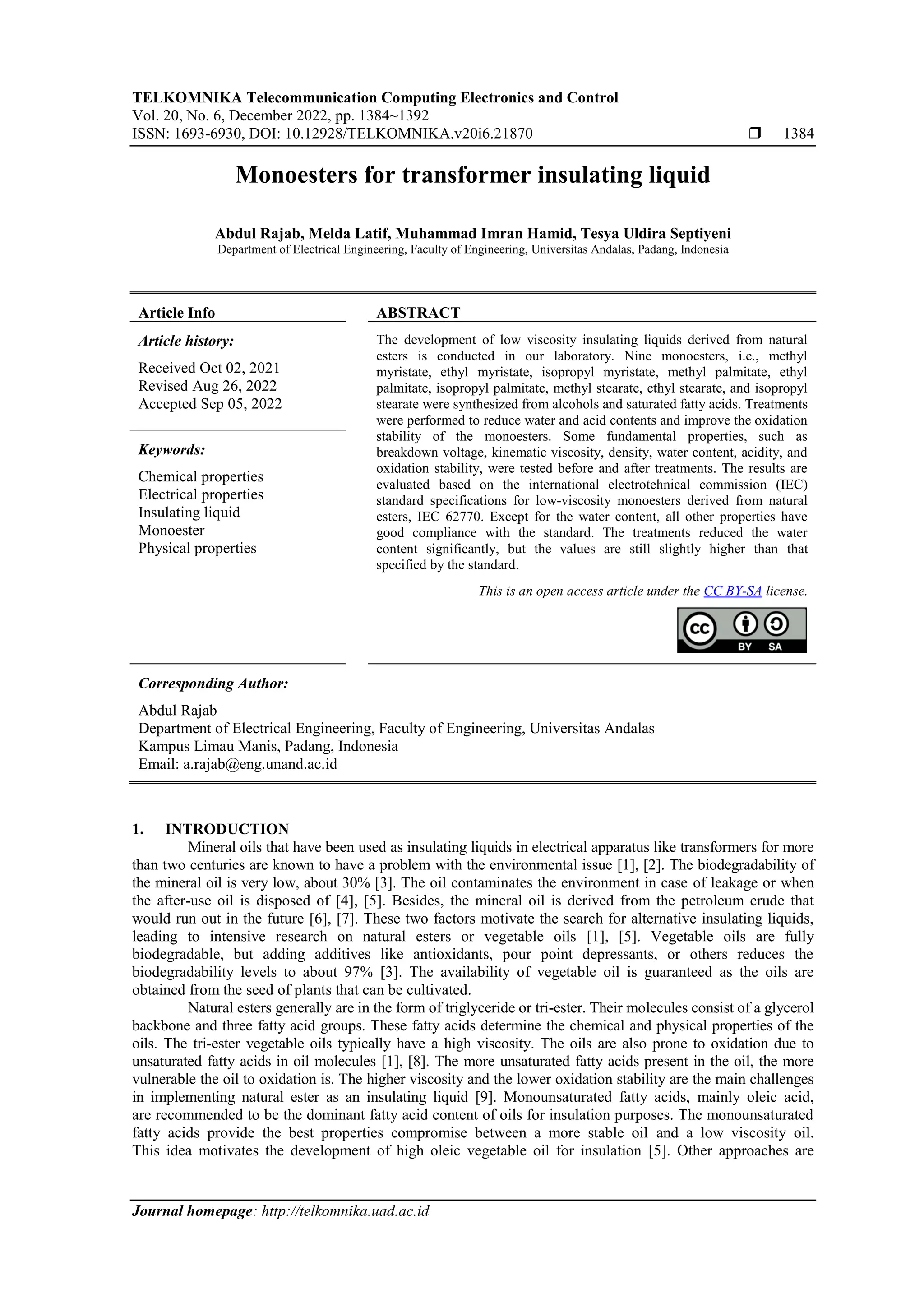 Monoesters for transformer insulating liquid | PDF