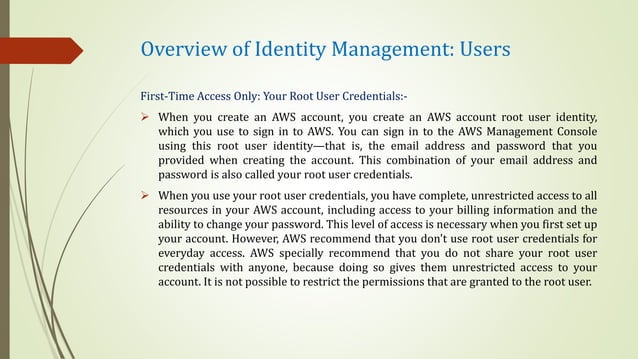 AWS Identity and access management for users | PPTX | Cloud Computing | Internet