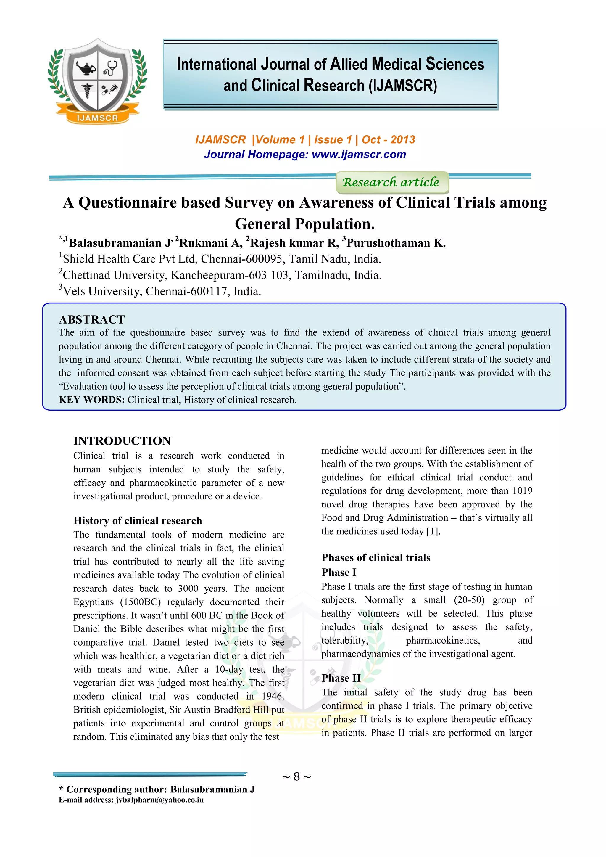 A questionnaire based survey on awareness of clinical trials among ...