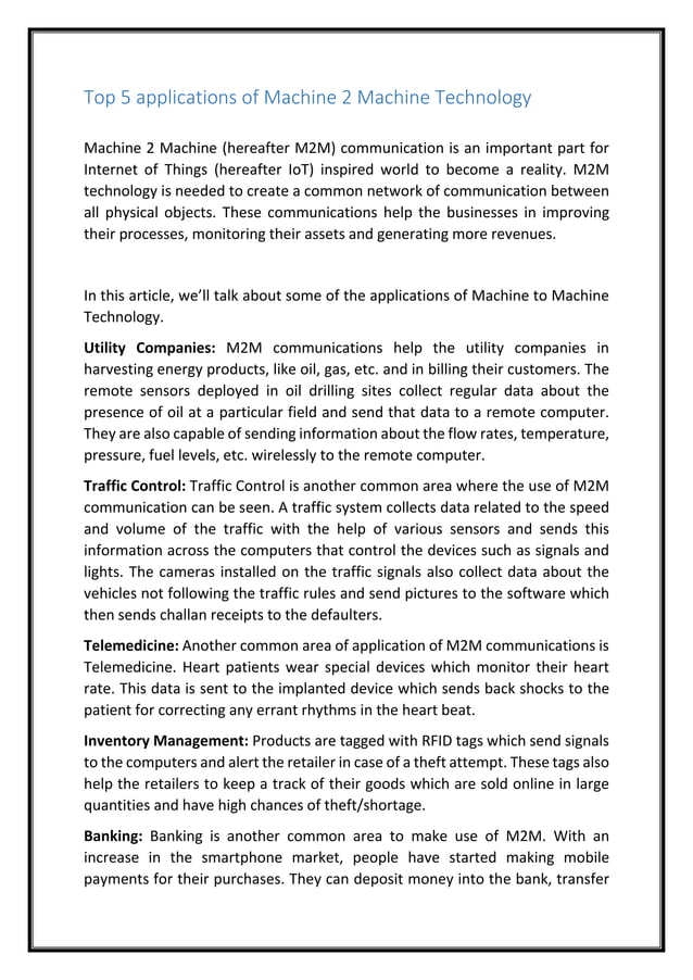 Top 5 Applications of Machine 2 Machine Technology | Sysfore | PDF