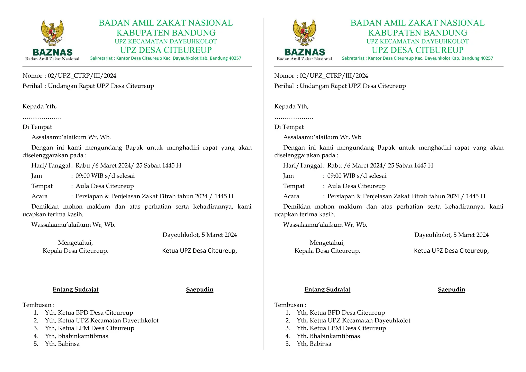 Undangan Rapat Penetapan Panitia Zakat Fitrah 1445 H Ppt