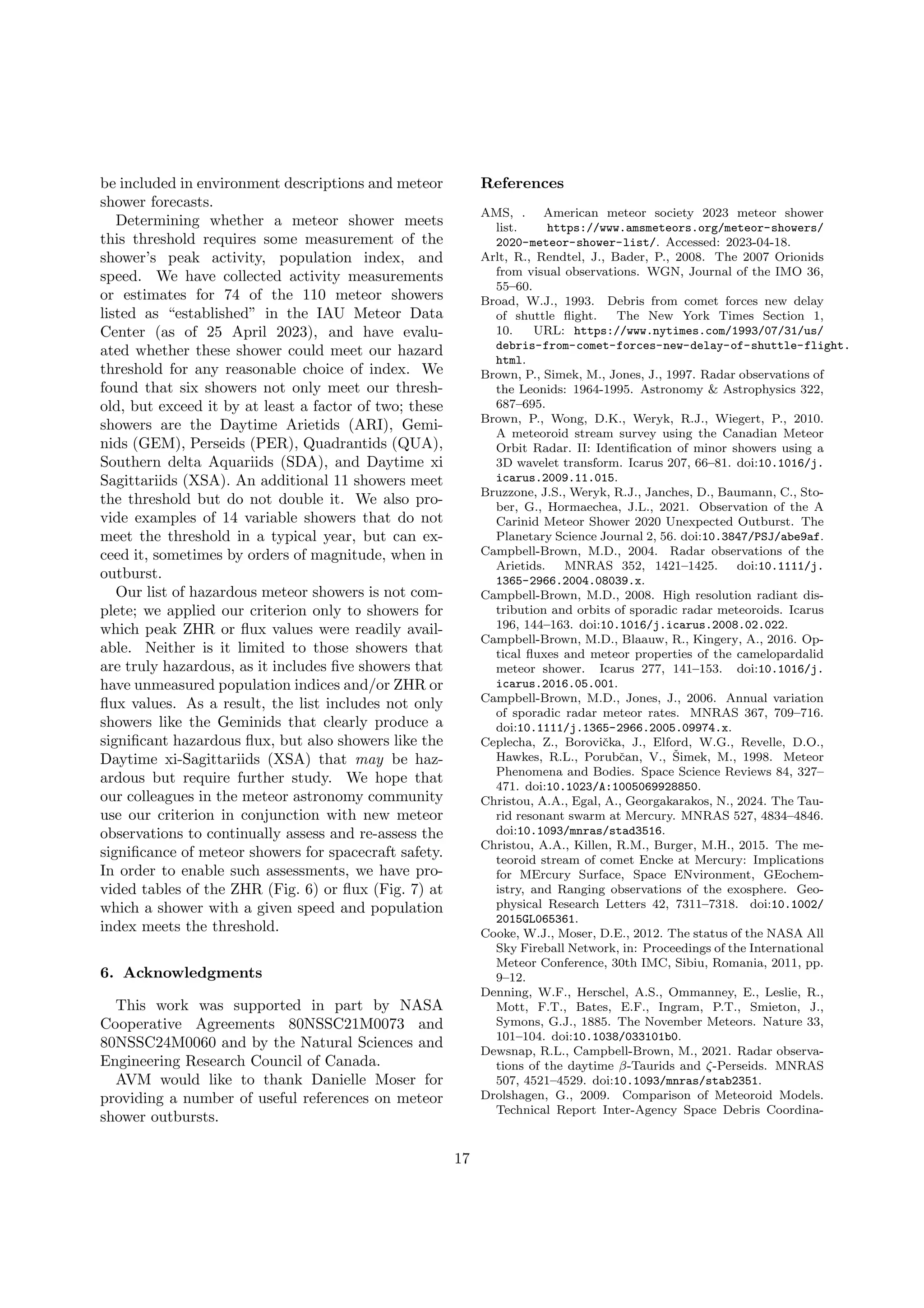 The threshold at which a meteor shower becomes hazardous to spacecraft ...