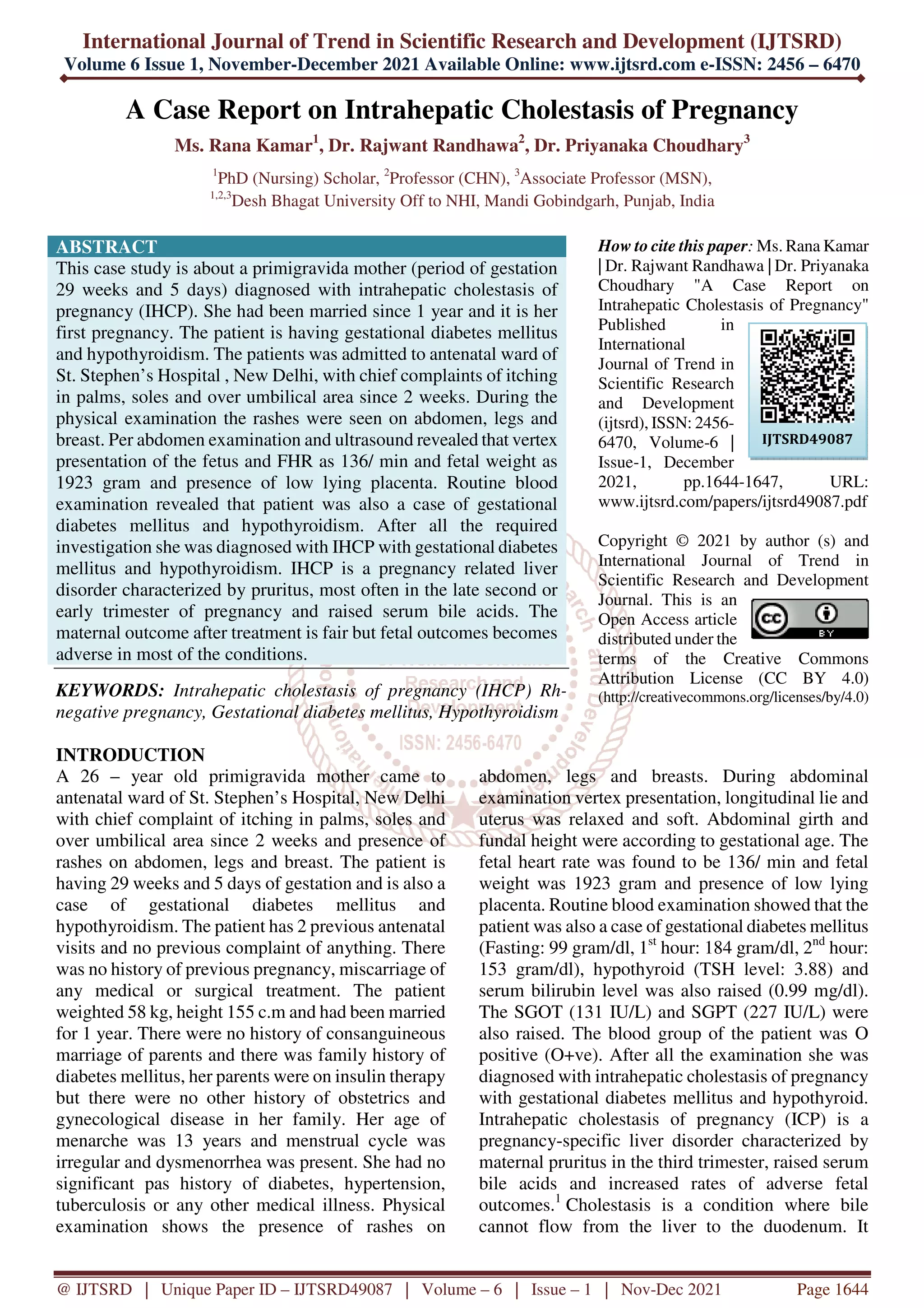 A Case Report on Intrahepatic Cholestasis of Pregnancy | PDF