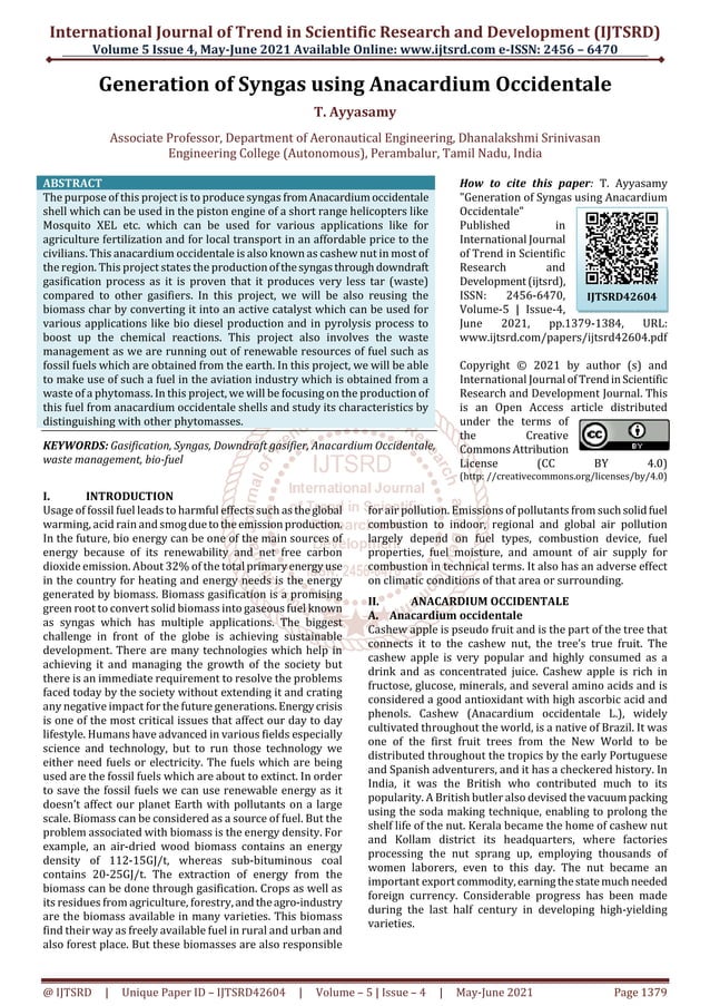Generation of Syngas using Anacardium Occidentale | PDF