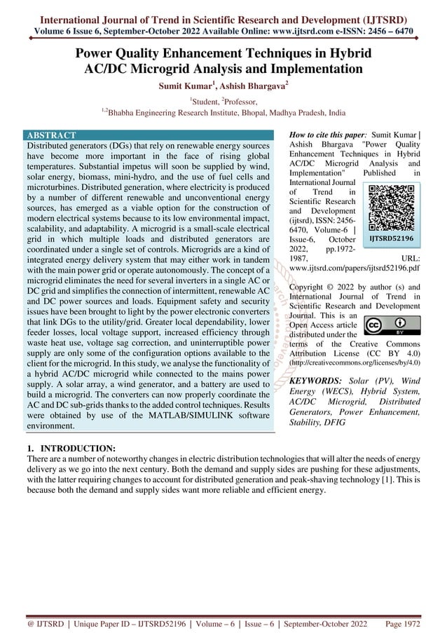 Power Quality Enhancement Techniques in Hybrid AC DC Microgrid Analysis and Implementation | PDF