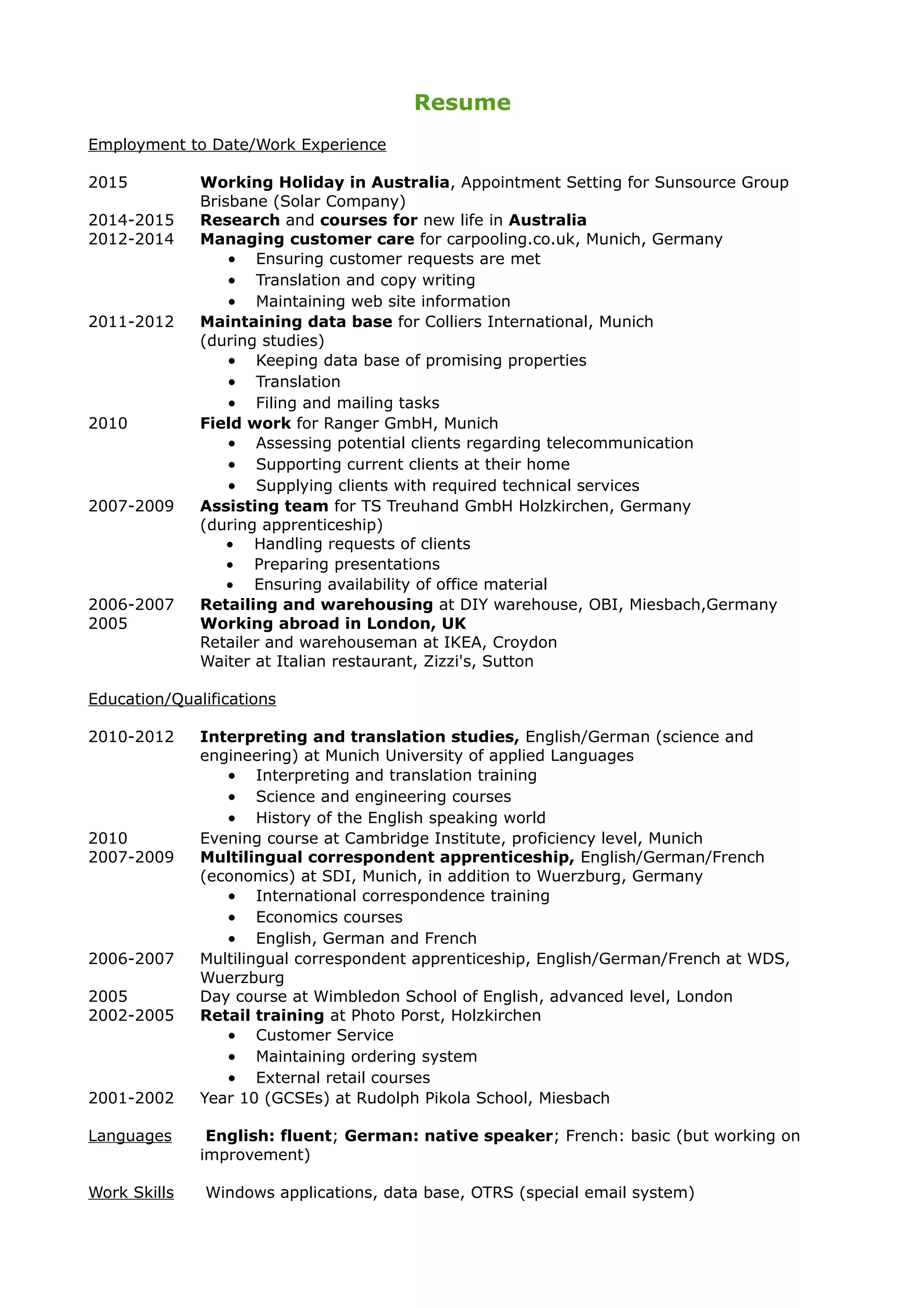 Resume incl Documents and Translation | PDF