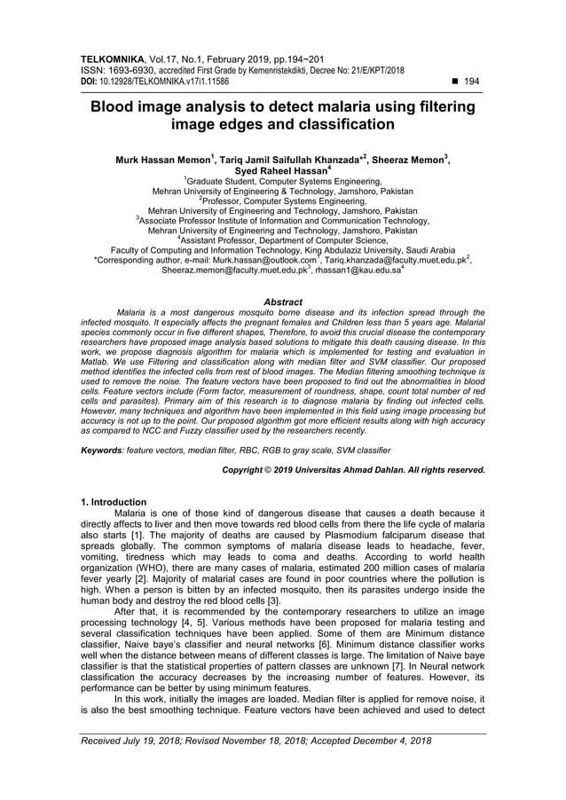Blood image analysis to detect malaria using filtering image edges and classification | PDF