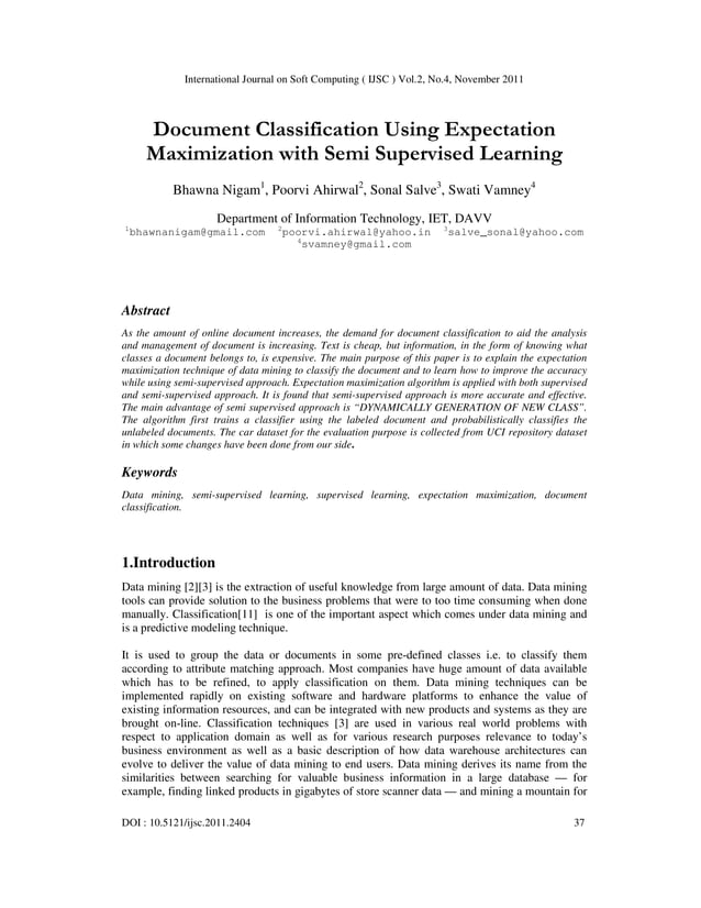 Document Classification Using Expectation Maximization with Semi Supervised Learning | PDF
