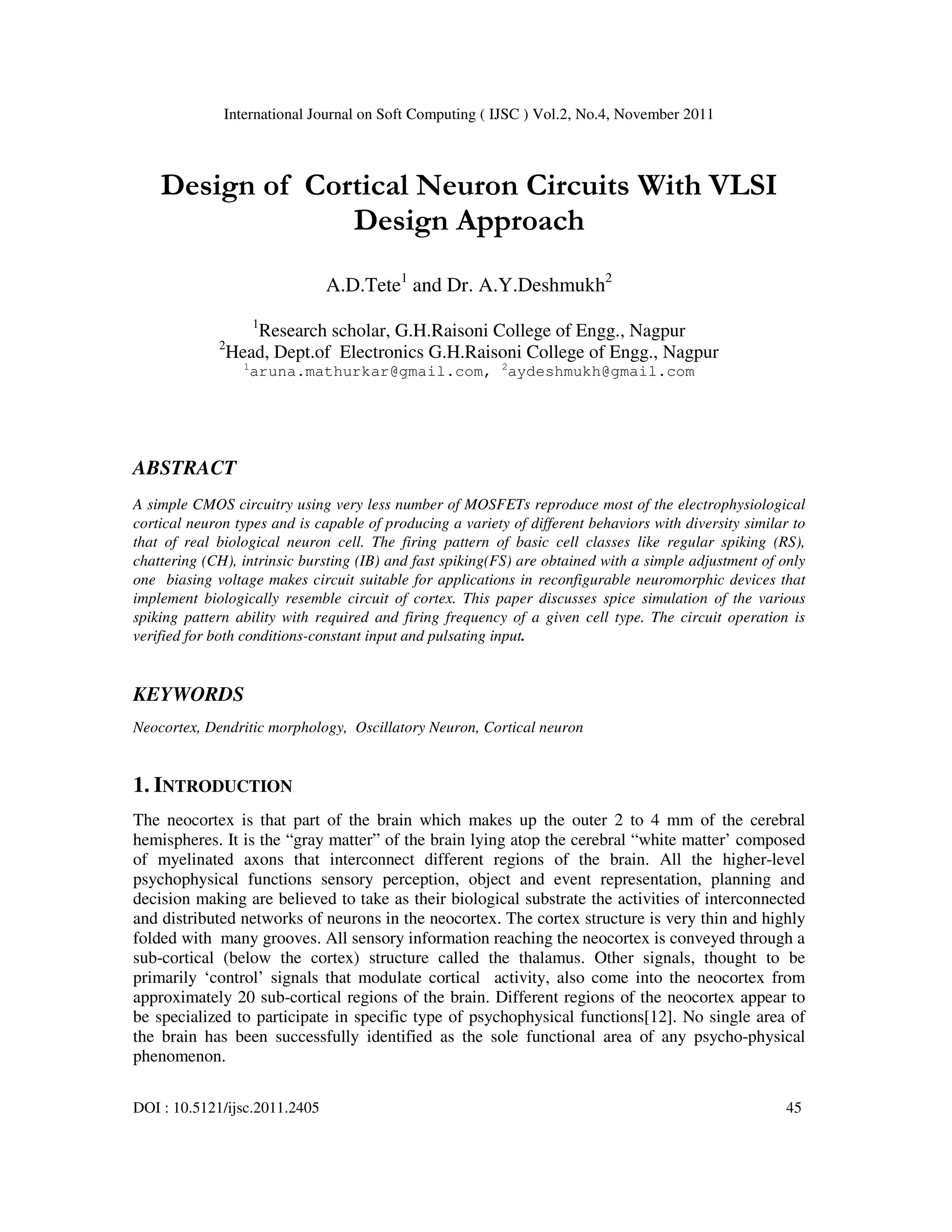 Design Of Cortical Neuron Circuits With Vlsi Design Approach Pdf Artificial Intelligence