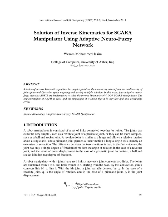 Solution of Inverse Kinematics for SCARA Manipulator Using Adaptive Neuro-Fuzzy Network | PDF