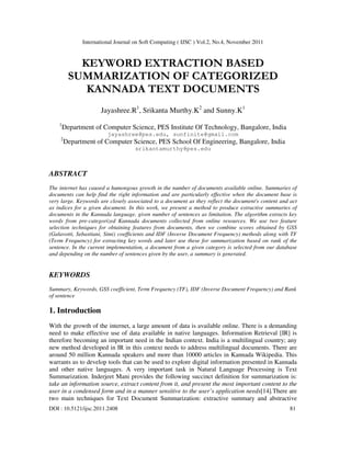 Keyword Extraction Based Summarization of Categorized Kannada Text Documents | PDF