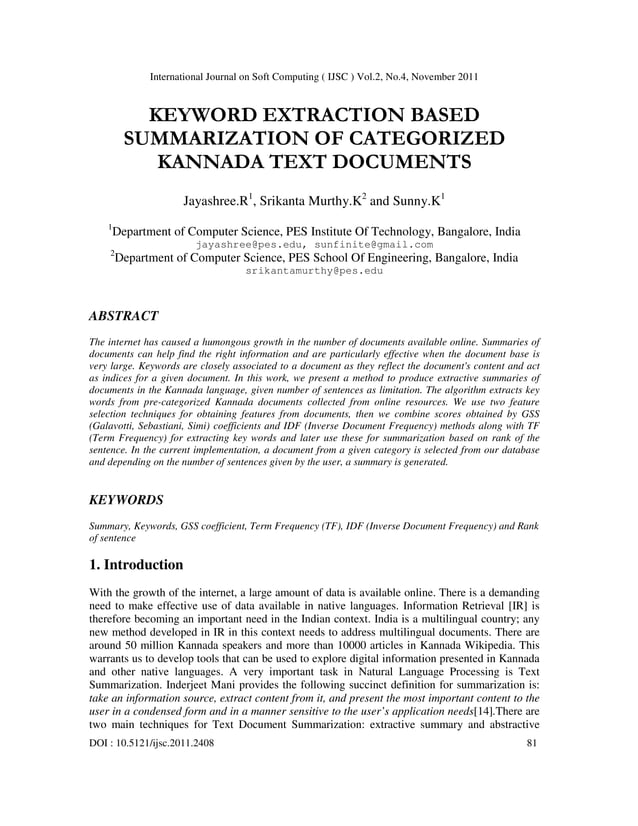 Keyword Extraction Based Summarization Of Categorized Kannada Text Documents Pdf