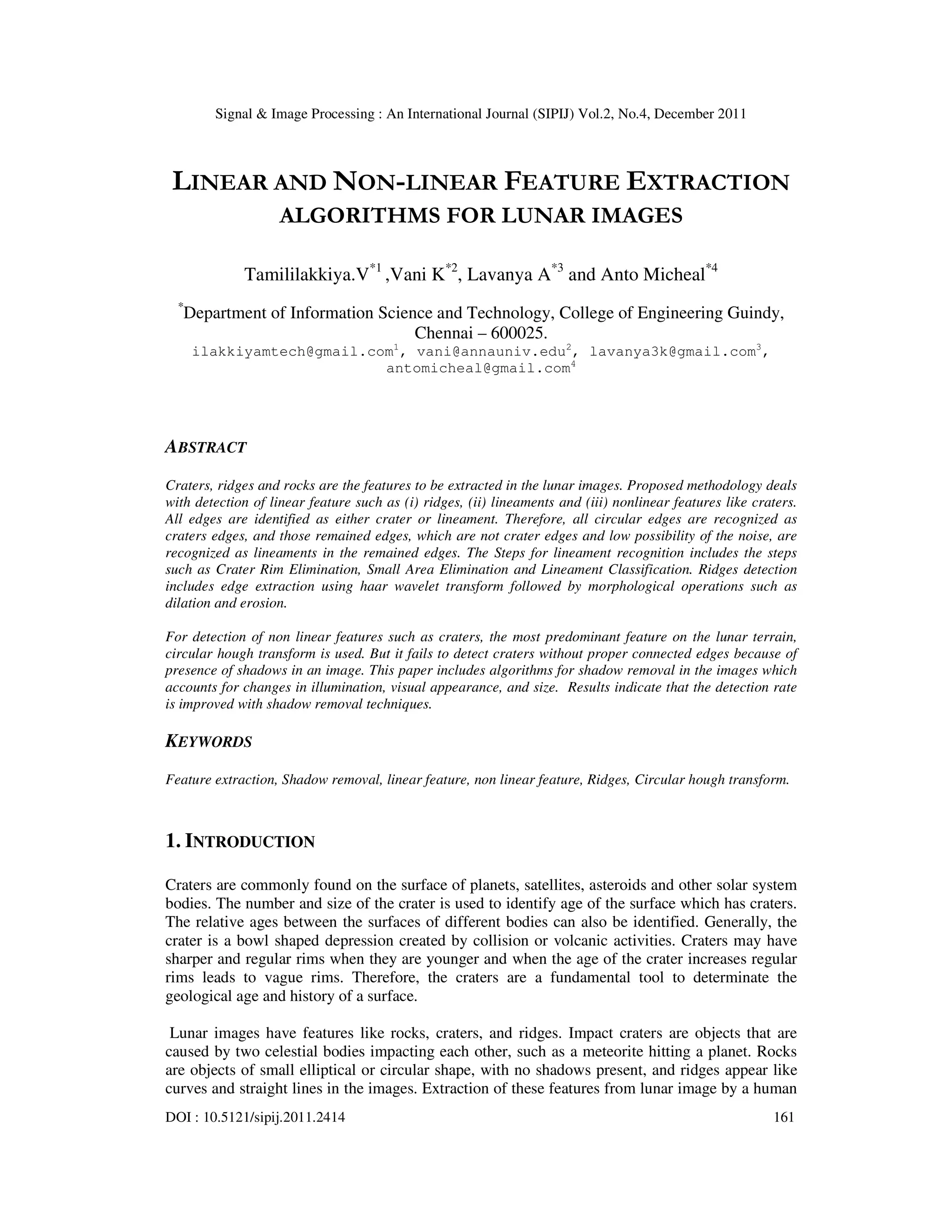 Linear and Non-Linear Feature Extraction Algorithms for Lunar Images | PDF