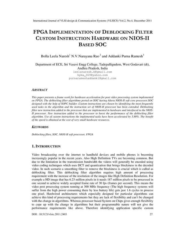 Fpga Implementation Of Deblocking Filter Custom Instruction Hardware On Nios Ii Based Soc Pdf