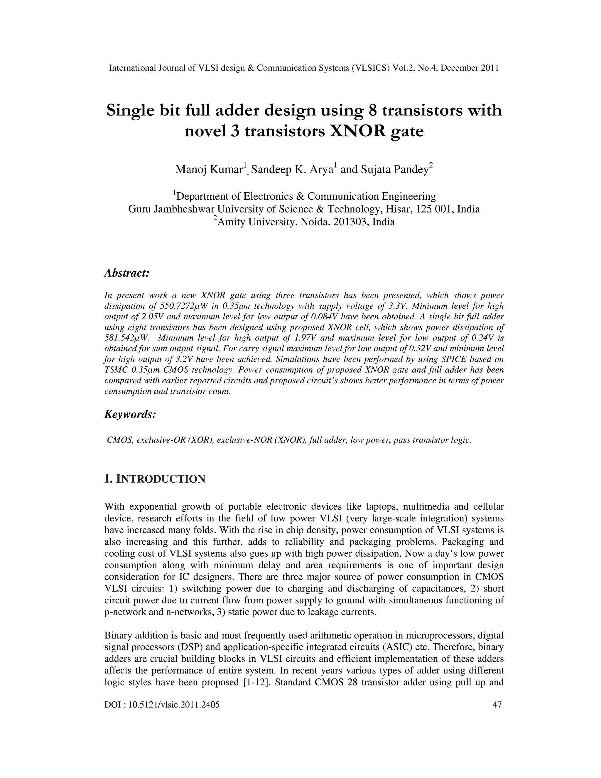 Single bit full adder design using 8 transistors with novel 3 ...