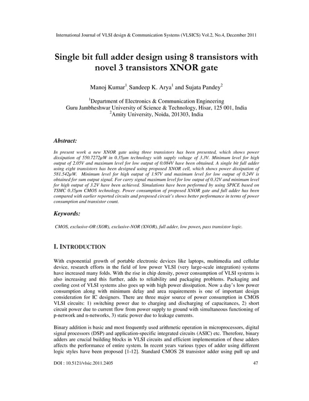 Single bit full adder design using 8 transistors with novel 3 transistors XNOR gate | PDF
