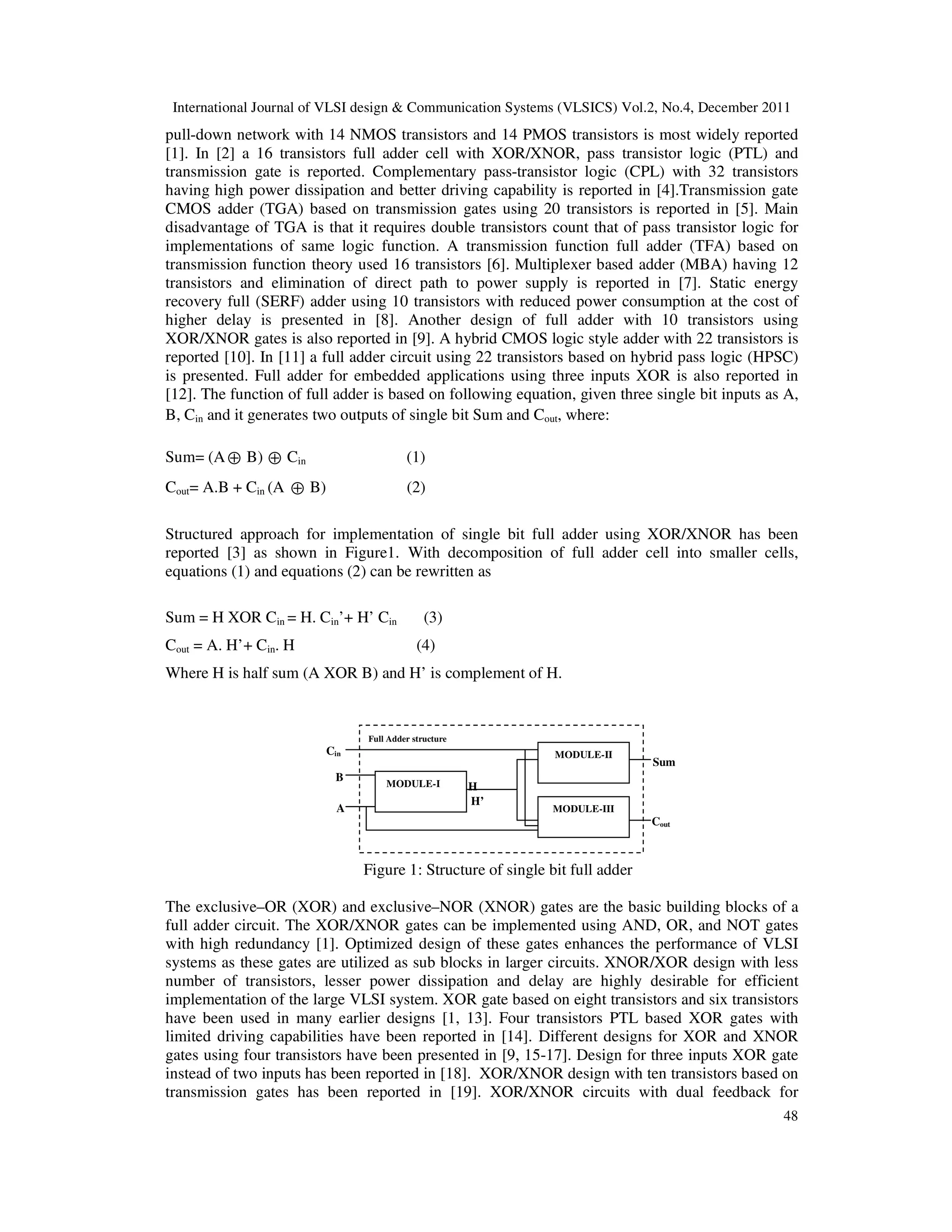 Single bit full adder design using 8 transistors with novel 3 transistors XNOR gate | PDF