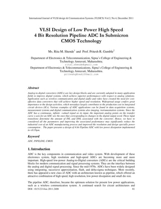 VLSI Design of Low Power High Speed 4 Bit Resolution Pipeline ADC In Submicron CMOS Technology | PDF