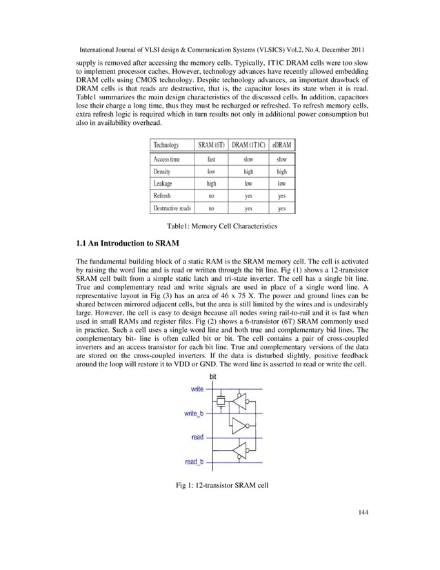 Using CMOS Sub-Micron Technology VLSI Implementation of Low Power, High Speed SRAM Cell and DRAM ...