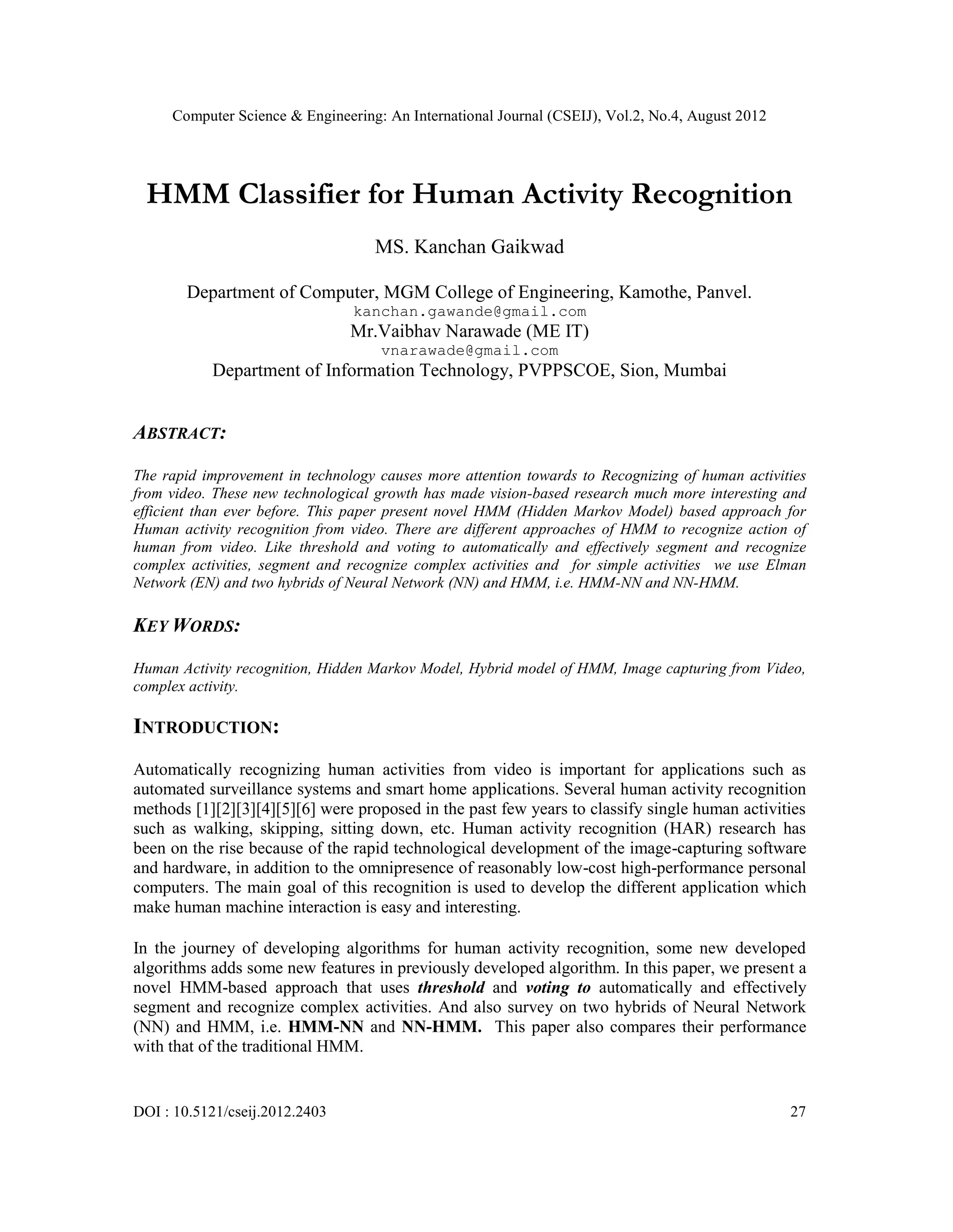 HMM Classifier for Human Activity Recognition | PDF