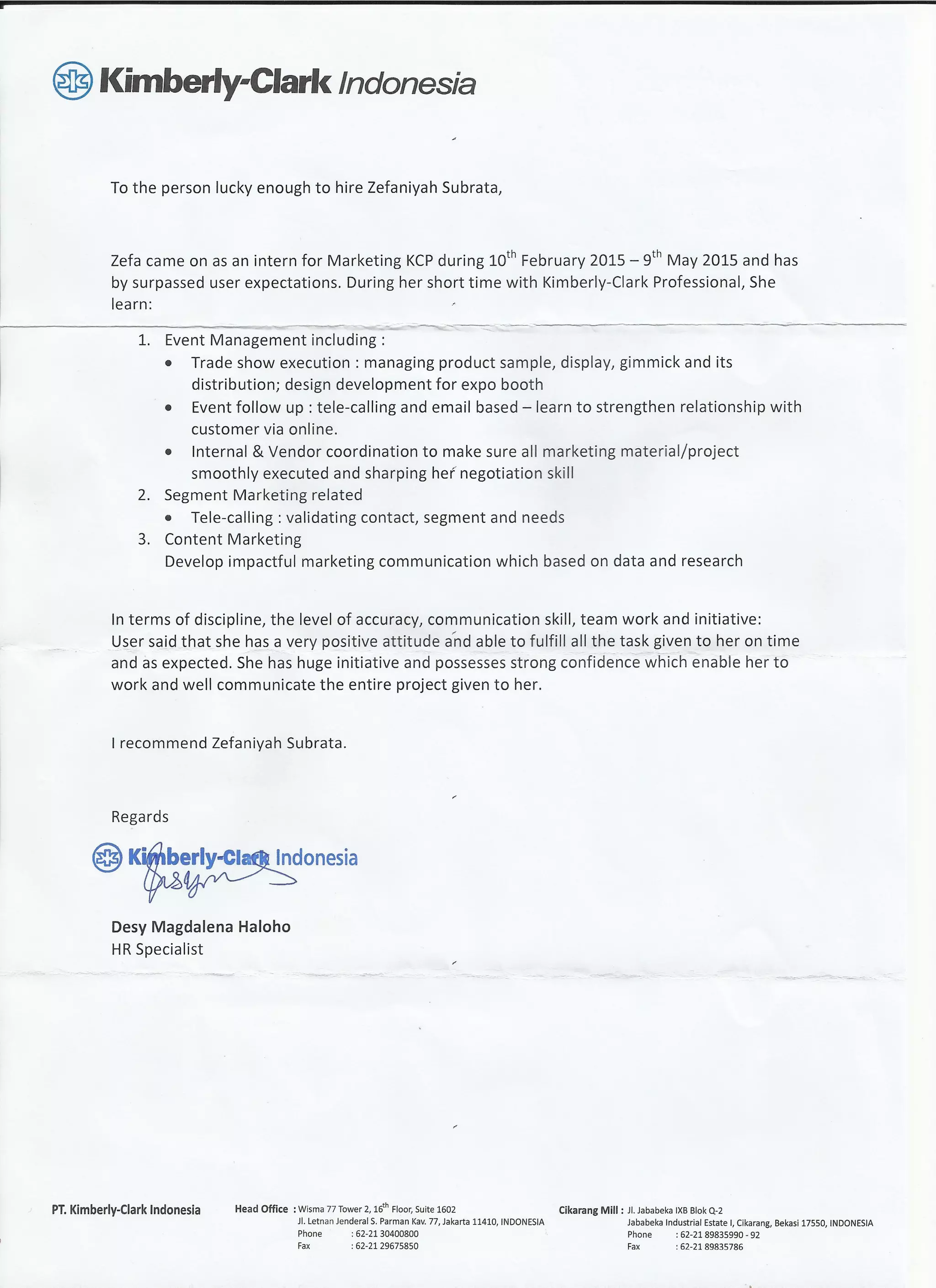 Surat Rekomendasi Kimberly | PDF