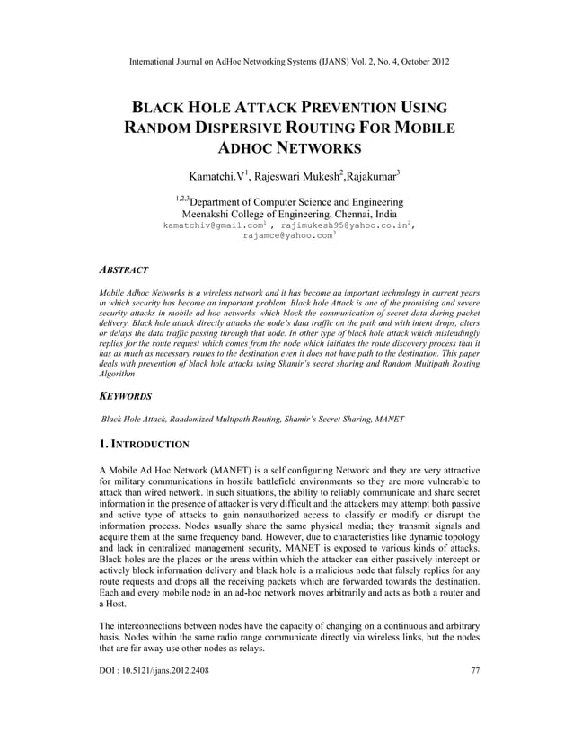 Black Hole Attack Prevention Using Random Dispersive Routing for Mobile Adhoc Networks | PDF