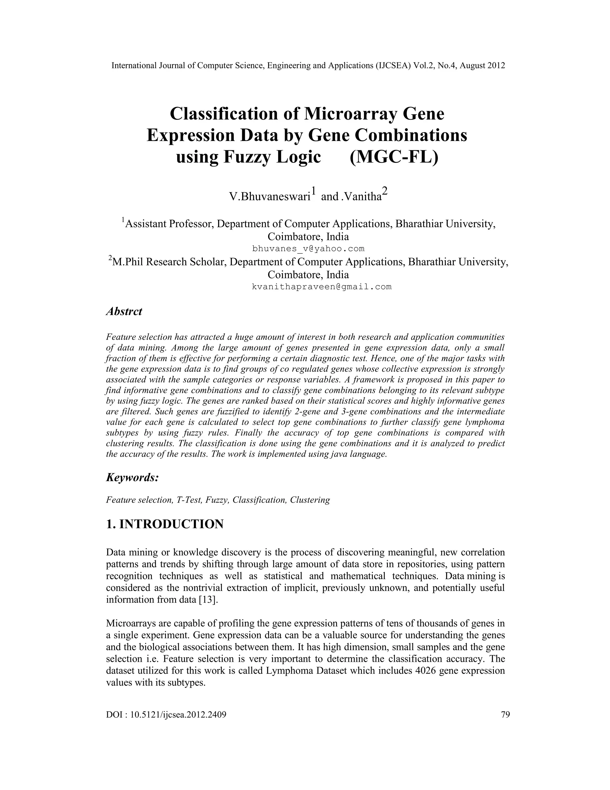 Classification Of Microarray Gene Expression Data By Gene Combinations Using Fuzzy Logic Mgc Fl