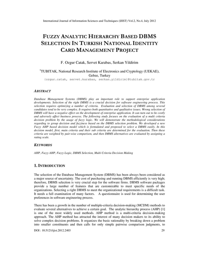 Fuzzy Analytic Hierarchy Based Dbms Selection In Turkish National Identity Card Management