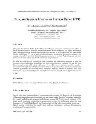 PUNJABI SPEECH SYNTHESIS SYSTEM USING HTK | PDF