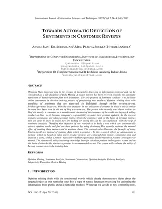 TOWARDS AUTOMATIC DETECTION OF SENTIMENTS IN CUSTOMER REVIEWS | PDF