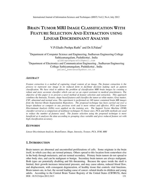 BRAIN TUMOR MRIIMAGE CLASSIFICATION WITH FEATURE SELECTION AND EXTRACTION USING LINEAR ...