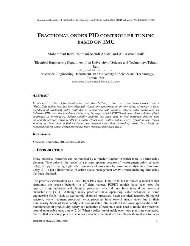 Fractional Order Pid Controller Tuning Based On Imc Pdf
