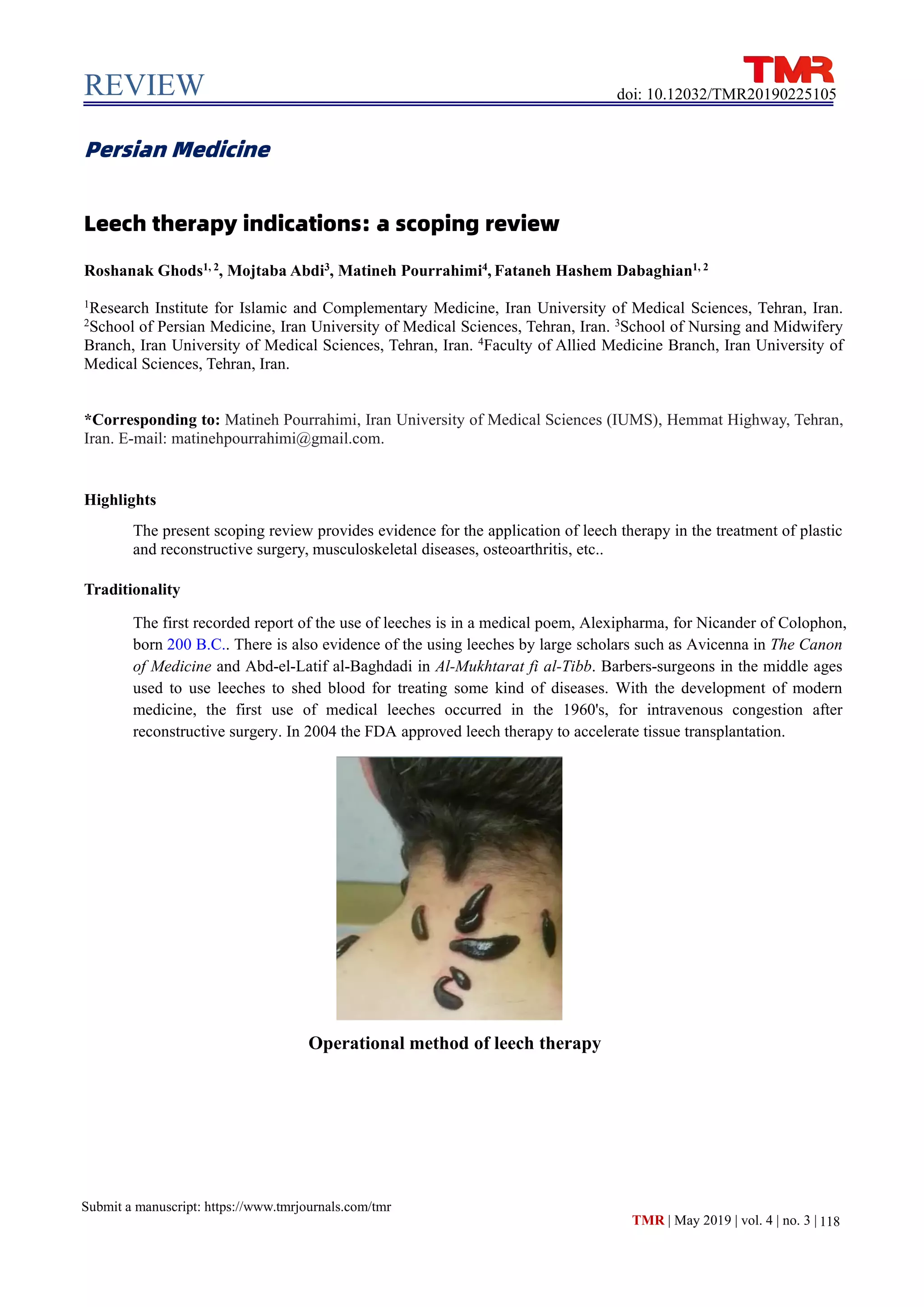 Leech therapy indications: a scoping review | PDF