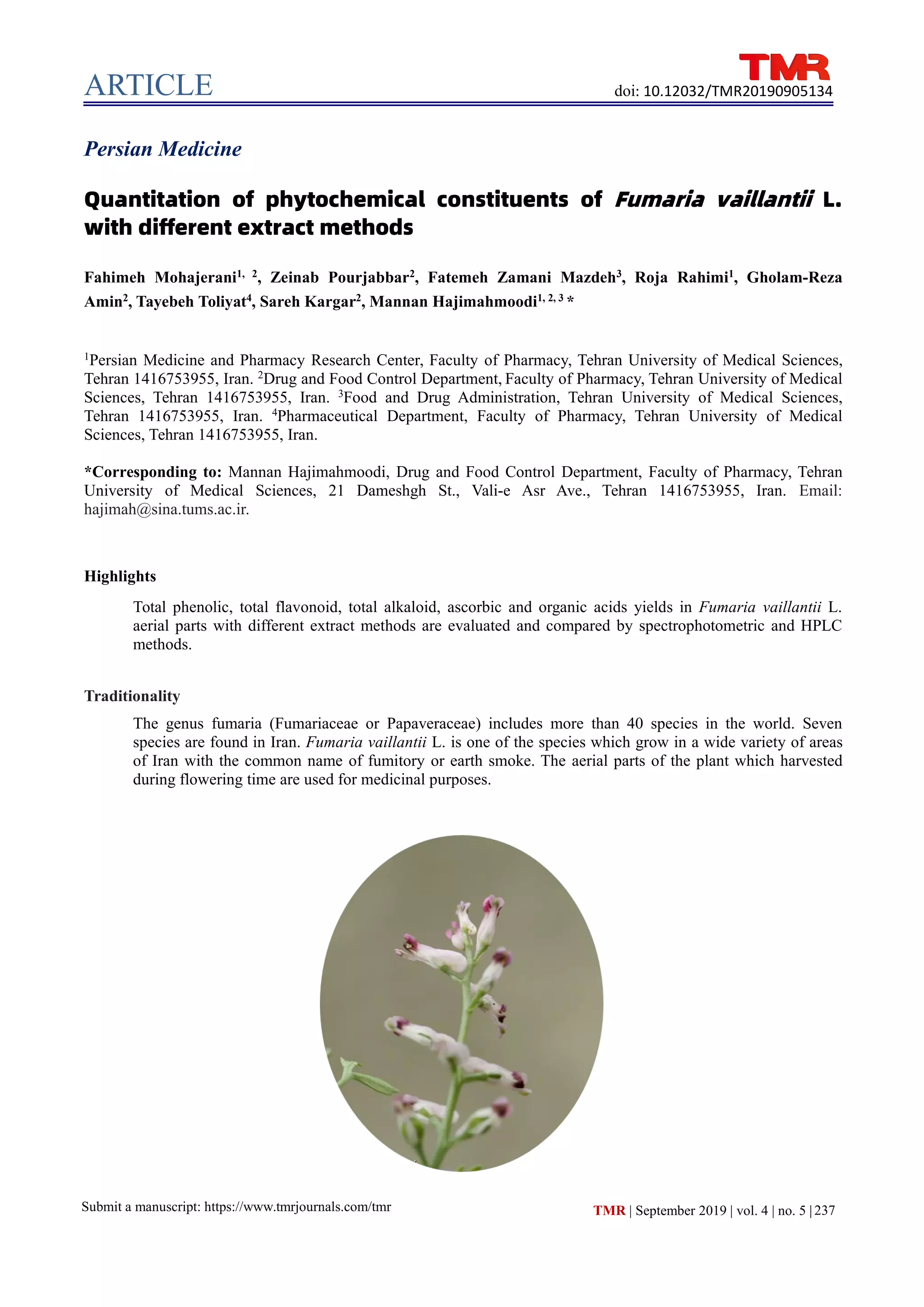 Quantitation of phytochemical constituents of Fumaria vaillantii L ...