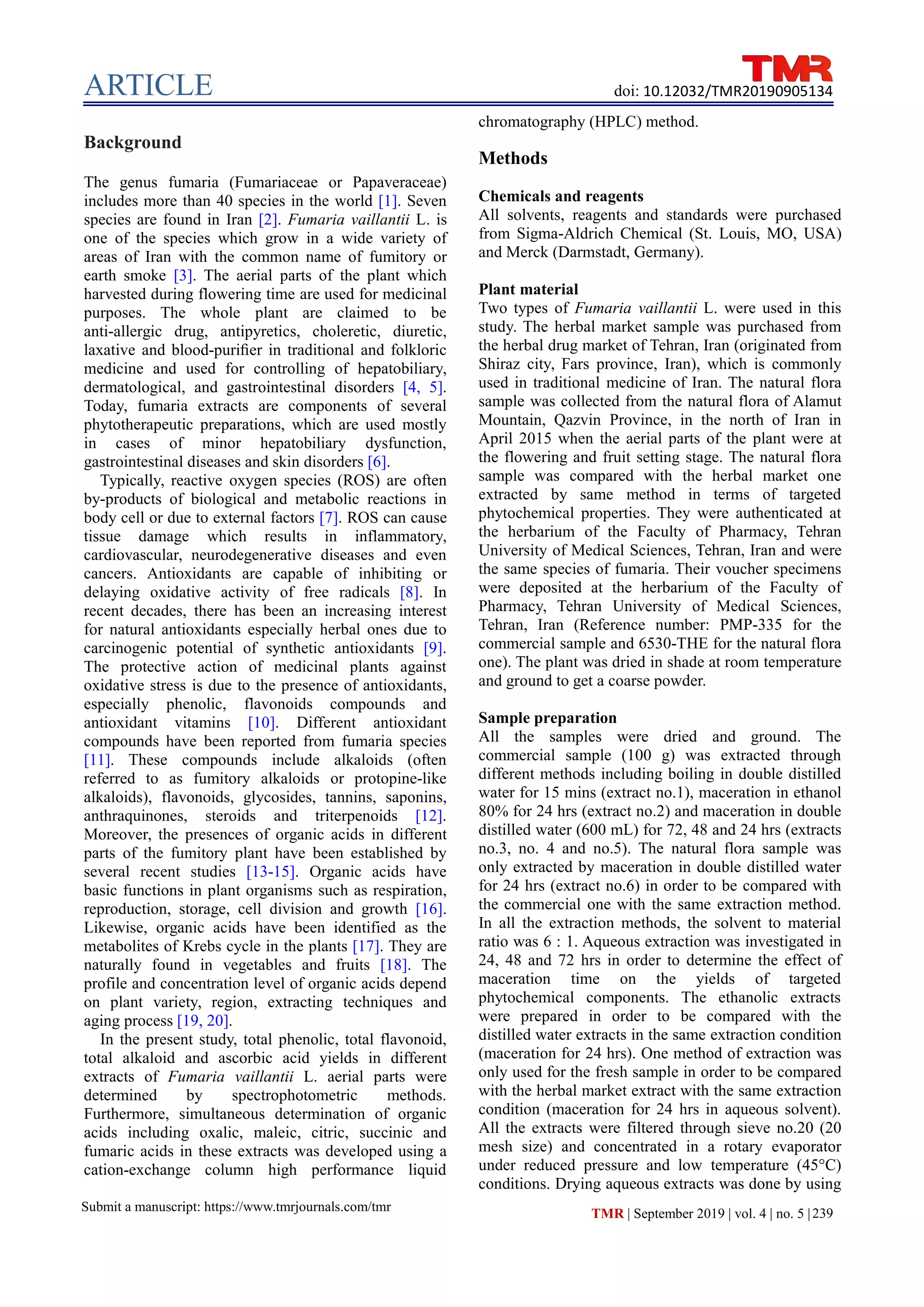 Quantitation of phytochemical constituents of Fumaria vaillantii L ...