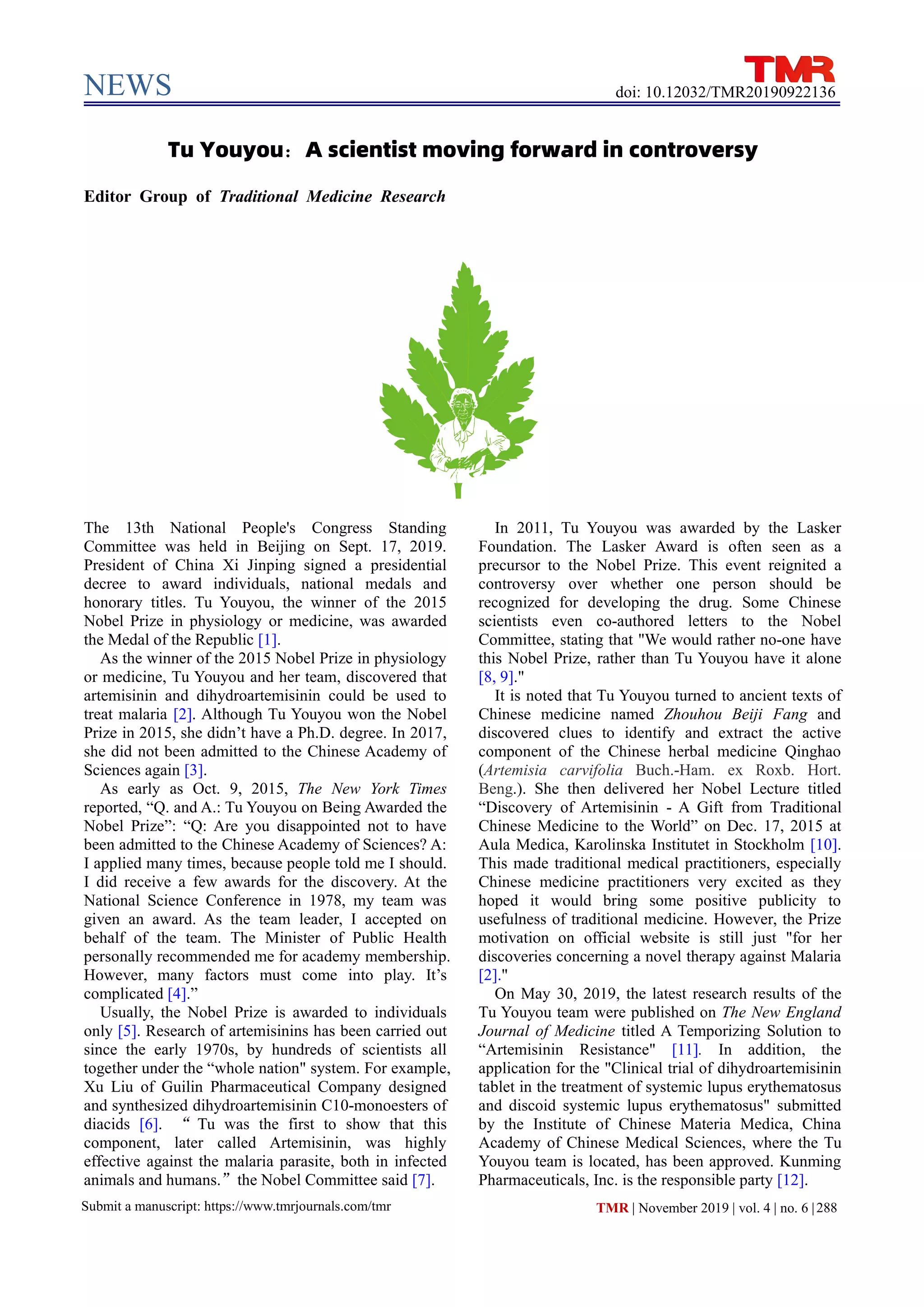 Tu Youyou：A scientist moving forward in controversy | PDF