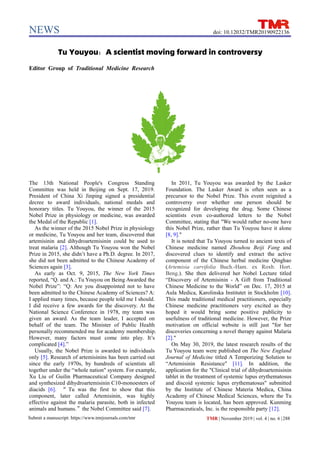 Tu Youyou：A scientist moving forward in controversy | PDF