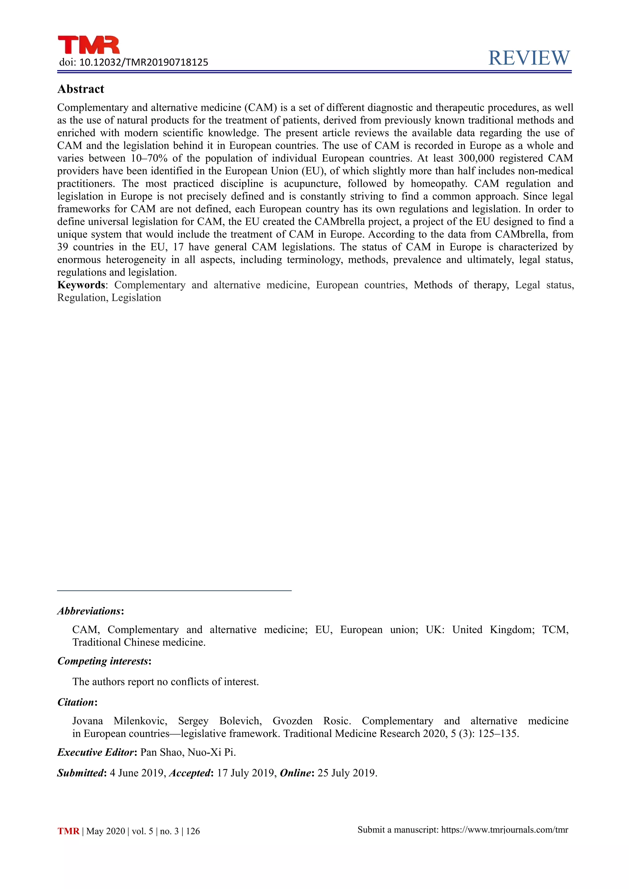 Complementary and alternative medicine in European countries ...