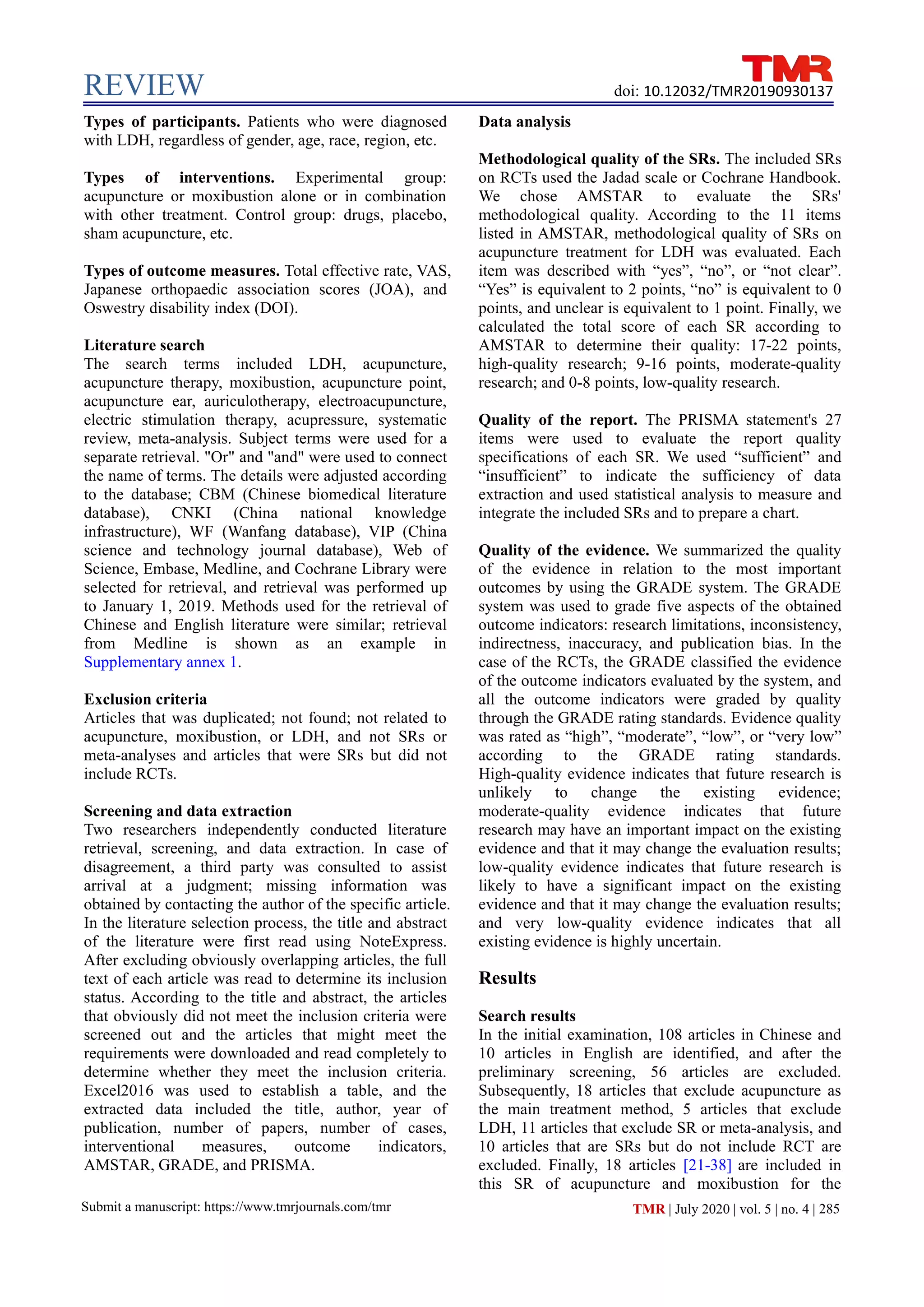 Acupuncture and/or moxibustion for the treatment of lumbar disc ...